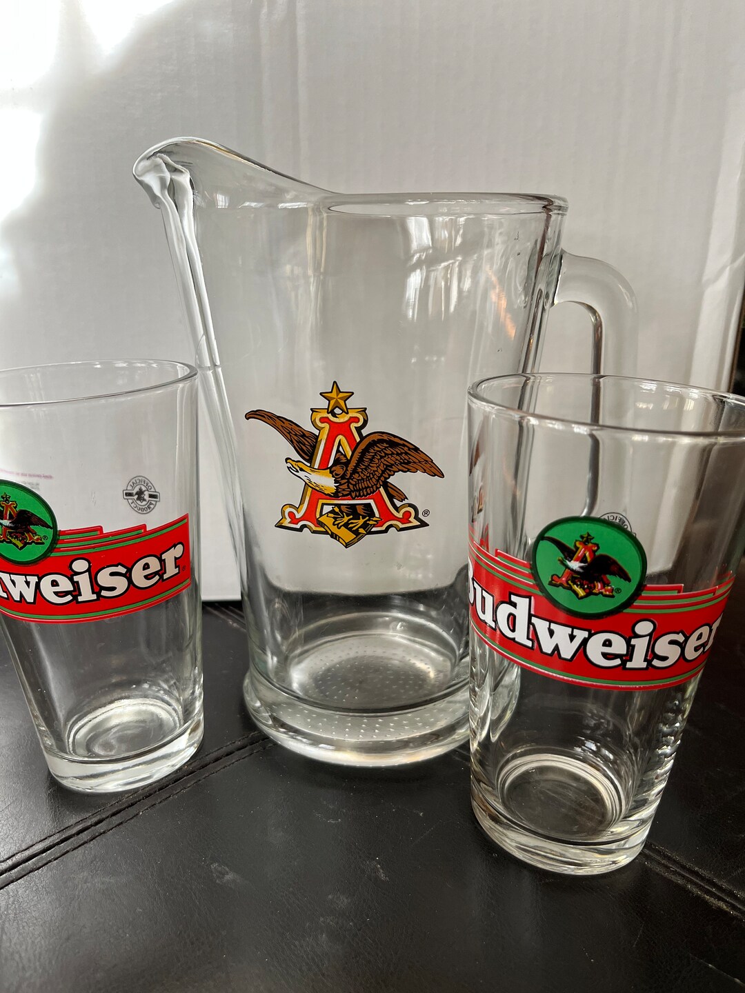Heavy 64oz Anhueser Busch Eagle Budweiser 9" Tall Glass Beer Pitcher W ...