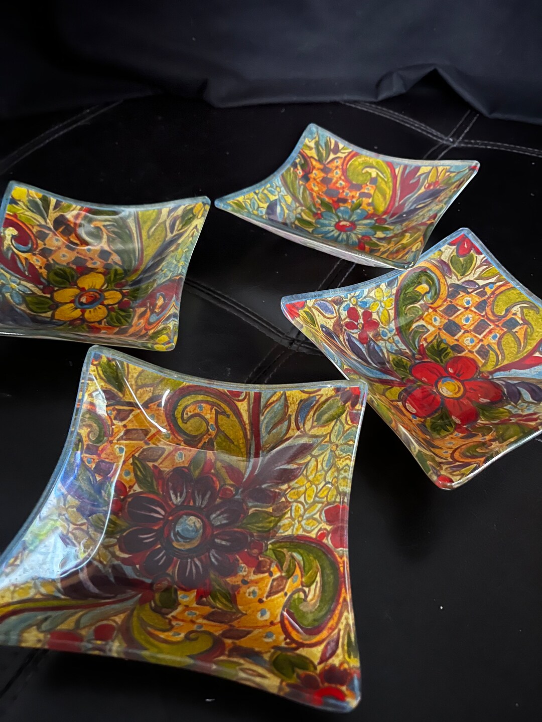 Prima Designs by J Brinley-4 Square Floral Glass Serving Snack/ Bowls ...