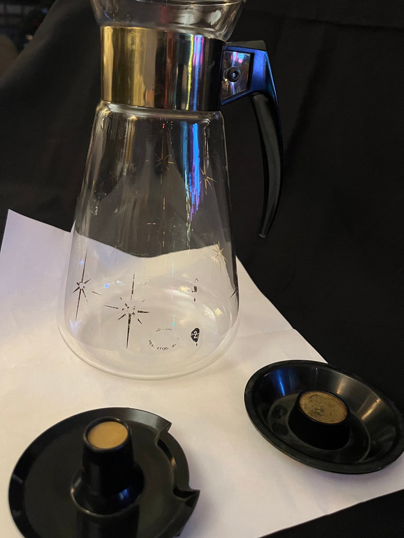Vtg. Pyrex Gold Atomic Starburst Glass 6-8 Cup Coffee Pot Carafe With ...