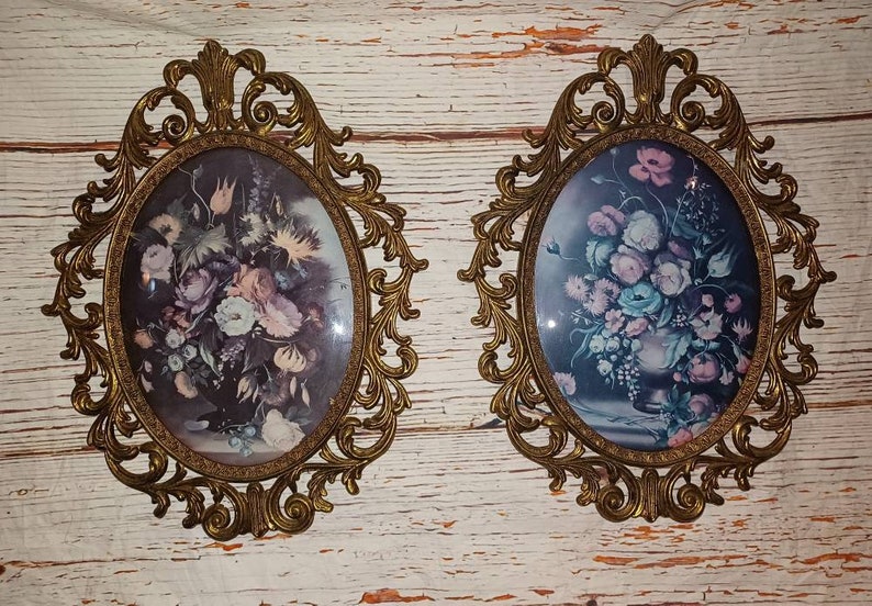 2 Vintage Oval Brass Metal Frames W/floral Picture Convex - Etsy