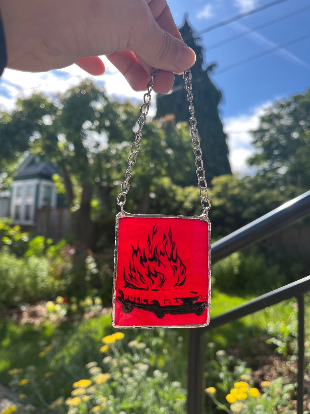 Red Stained Glass Painted Police Cop Car Burning Flames Hanging Pendent ...