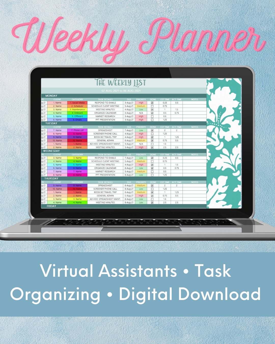 Digital Weekly Planner - Fantastic for Virtual Assistants and Other ...