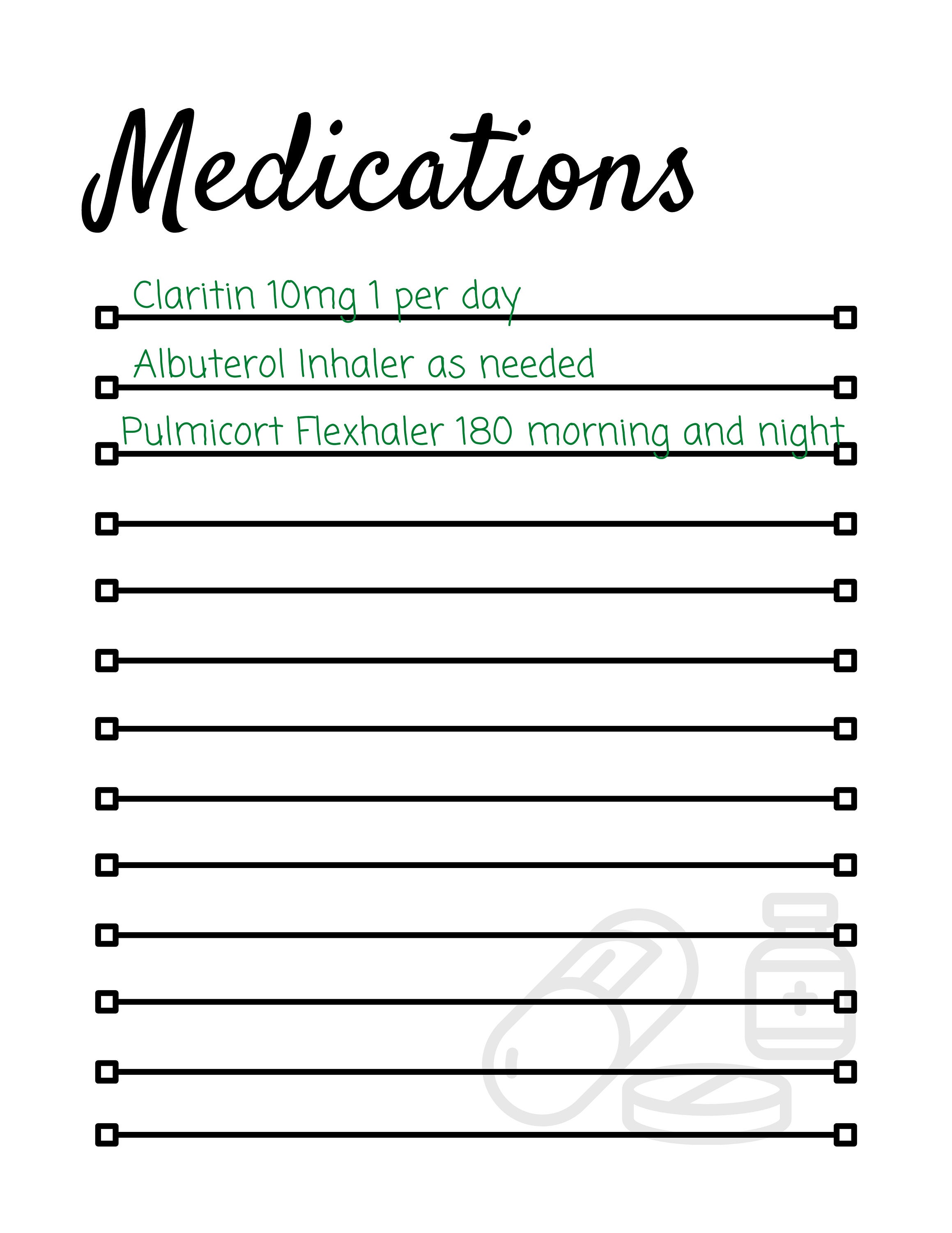 Medication List for Bullet Journal, Happy Planner, A4 and Binder ...