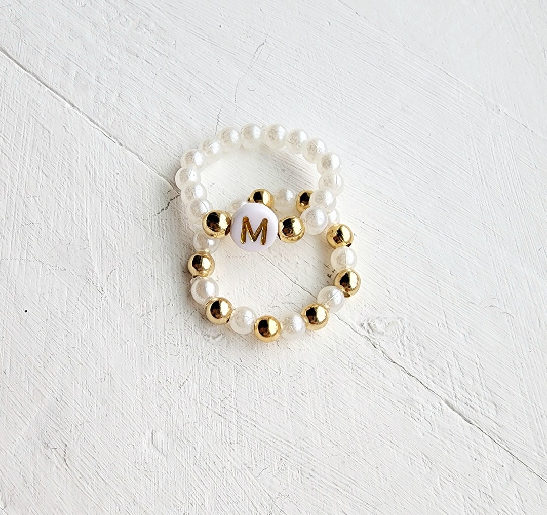 Personalized Initial Ring-pearl Bead Ring-stretchy Bead Ring-initial ...
