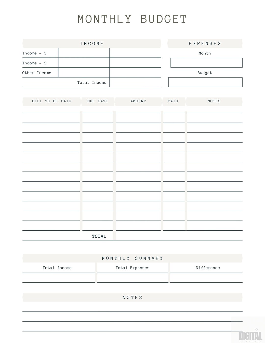Minimalist Monthly Budget Planner - Printable PDF - Etsy
