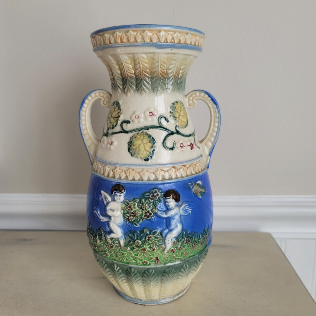 Large Vintage Two Handled Floral Angel Vase/ Cherub Vase Made in Japan ...
