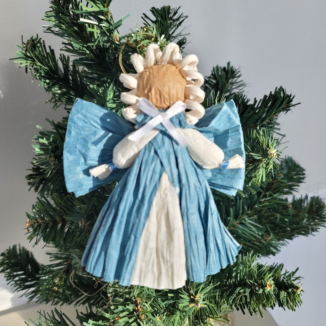 Vintage Crepe Paper Angel Ornament/ Handmade Angel Ornament/ Blue and ...