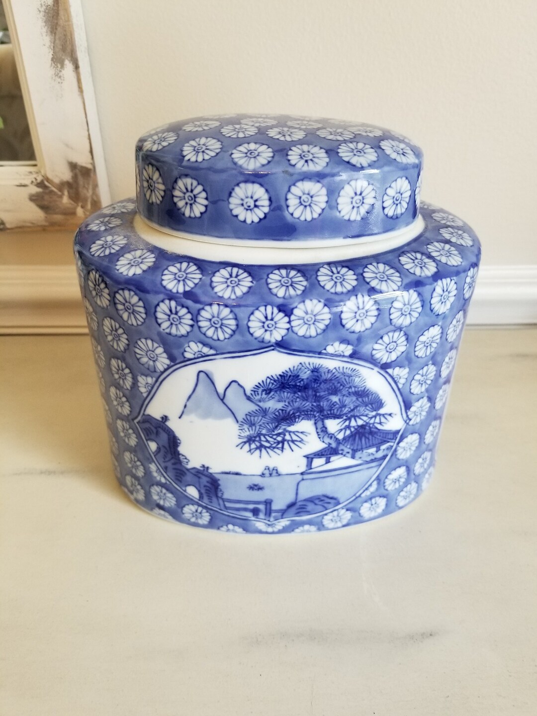 Vintage Asian Tea Caddy/ Blue and White Canister - Etsy
