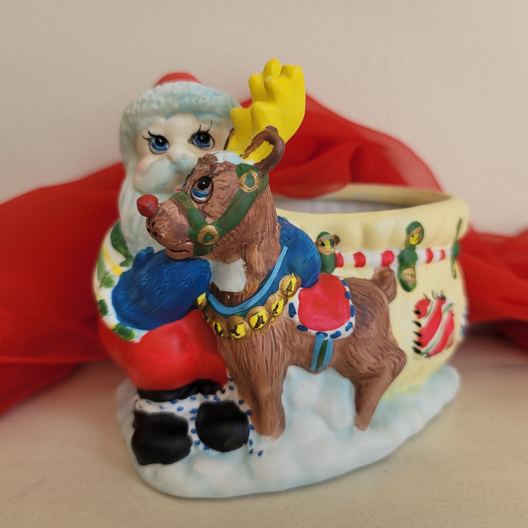 Santa and Rudolph Planter Hand Painted - Vintage Ceramic Christmas ...