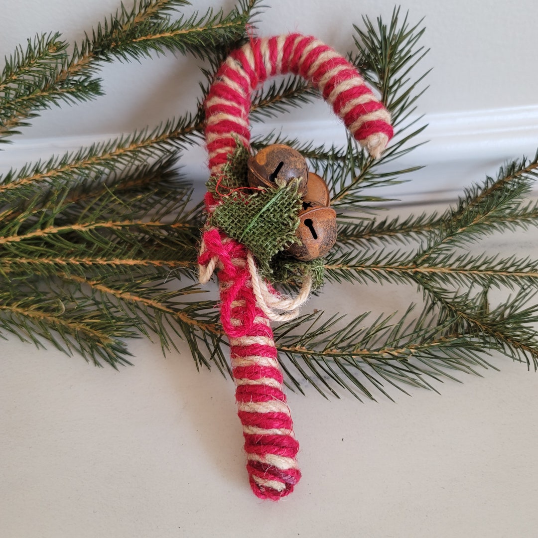 Rustic Farmhouse Decor/large Jute Candy Cane W/bells Christmas Ornament ...