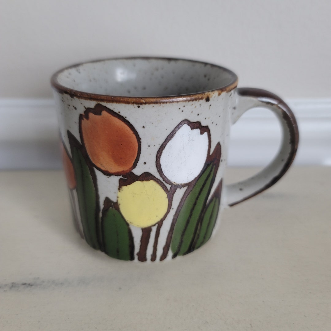 Boho Stoneware Mug/ Rust Orange and Yellow and White Floral Mug Brown ...