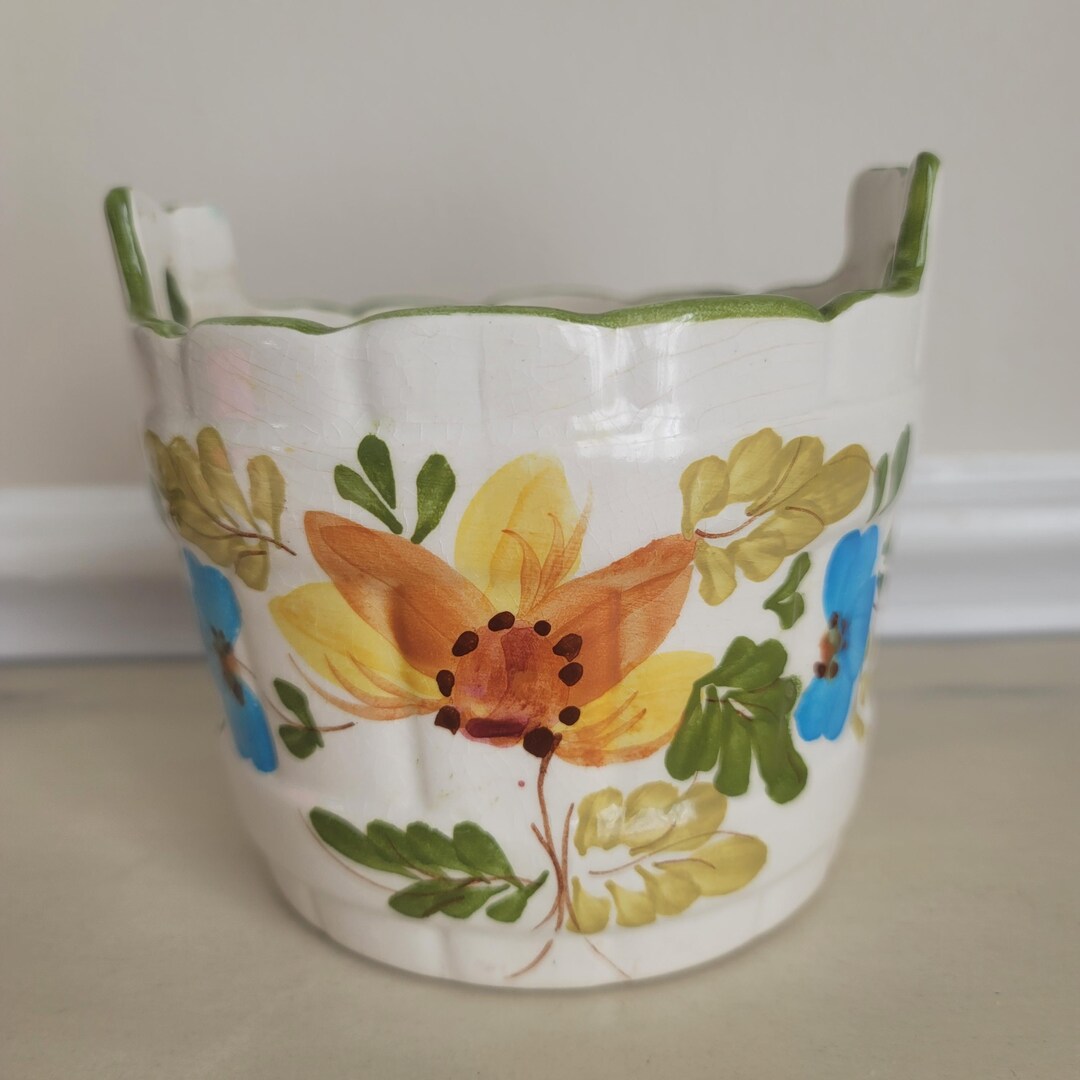 Mid Century Secla Ceramic Bucket Planter/ Hand Painted Flower Pot ...