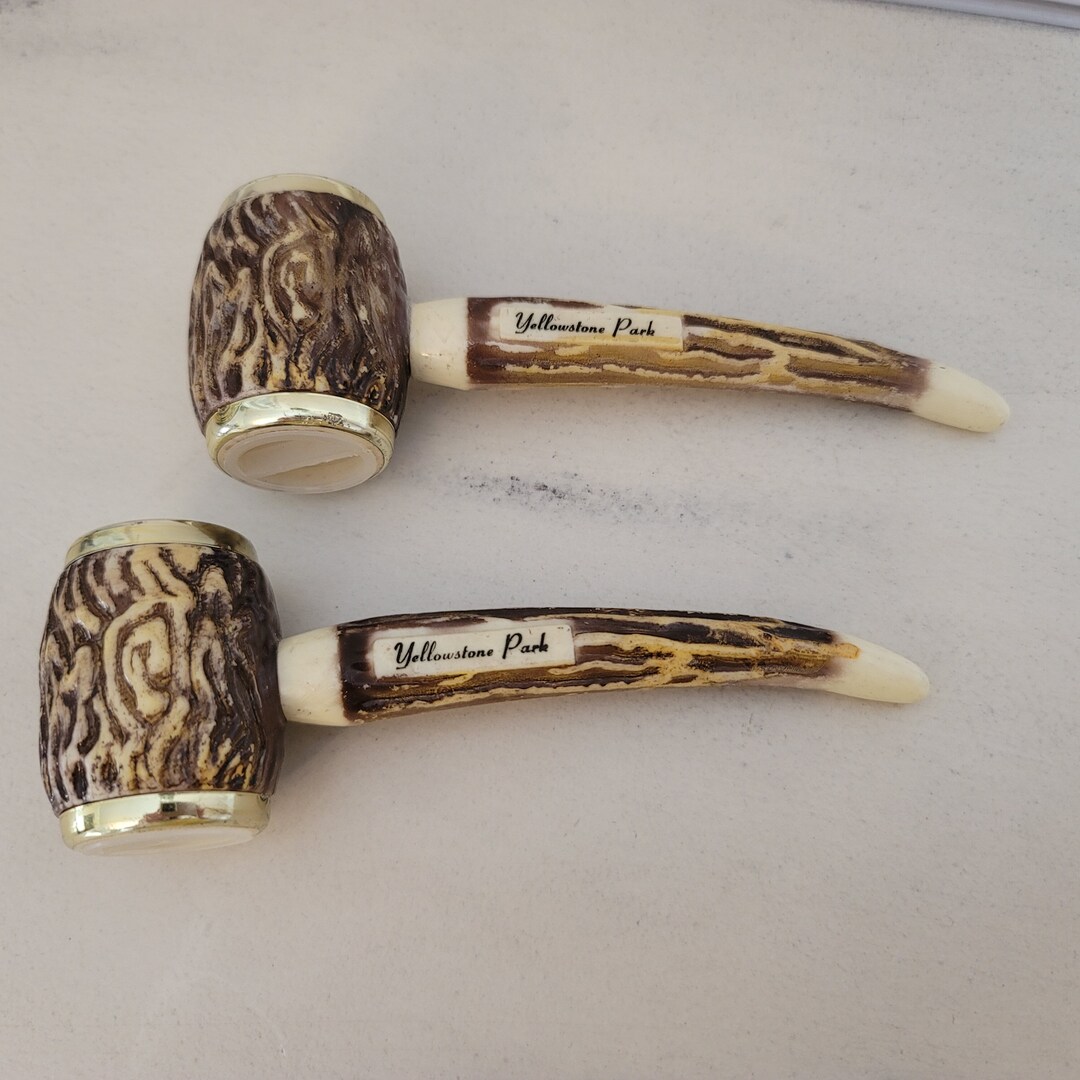 Vintage Carved Simulated Stag Horn Yellowstone Park Souvenir Pipe Salt ...
