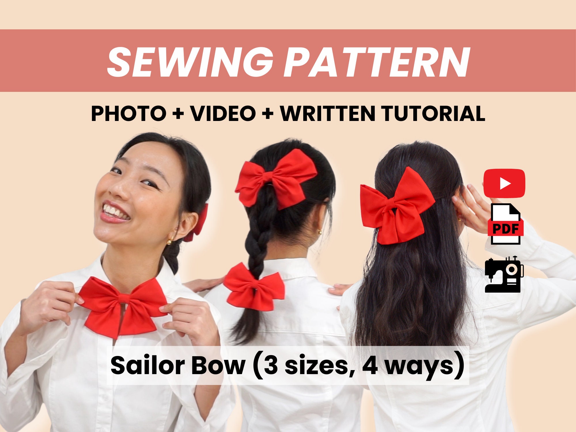 3 Sizes Sailor Bow PDF Sewing Pattern for Adjustable Bow Tie, Hair ...