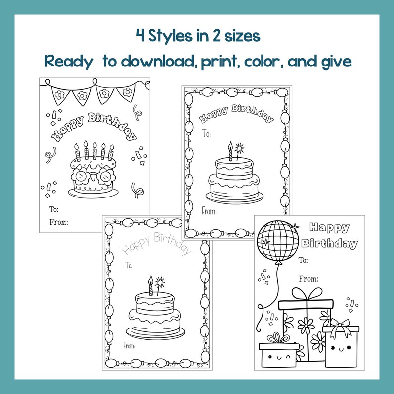 Printable Birthday Coloring Cards for Kids DIY Greeting Card Instant ...