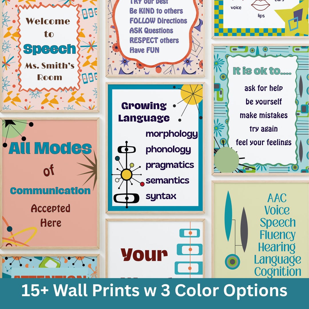 Mid Century Speech Therapy Poster Set for SLP Retro Room Decor Modern ...