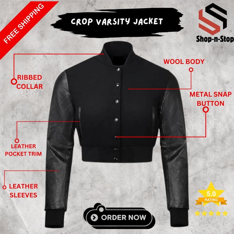 Handmade Wool Cropped Varsity Jacket: Leather Sleeves, Metal Snaps - Etsy
