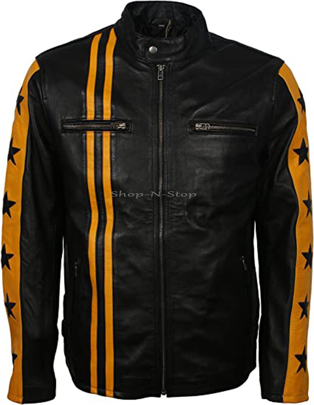 Men's Stylish Black Real Leather Designer Jacket With Yellow Stripes ...