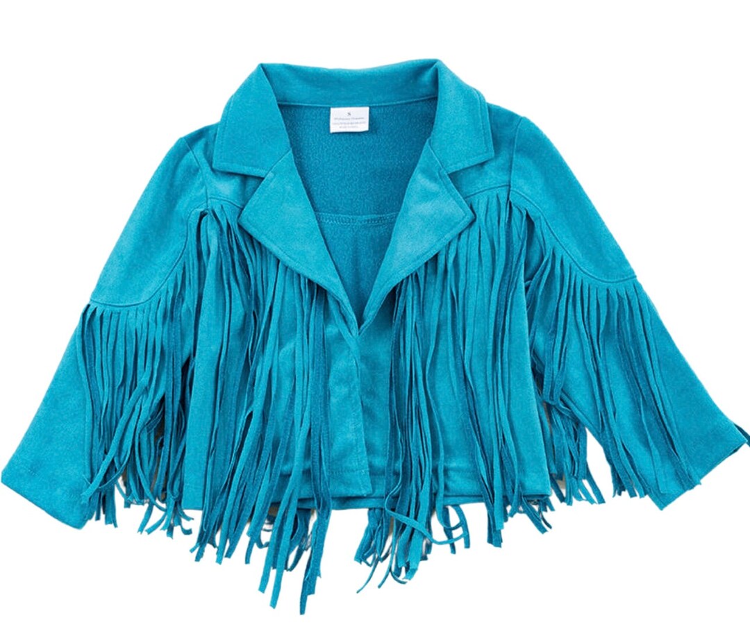 Teal Little Girls Embroidered Fringe Jacket, Girls Custom Fringe Jacket ...