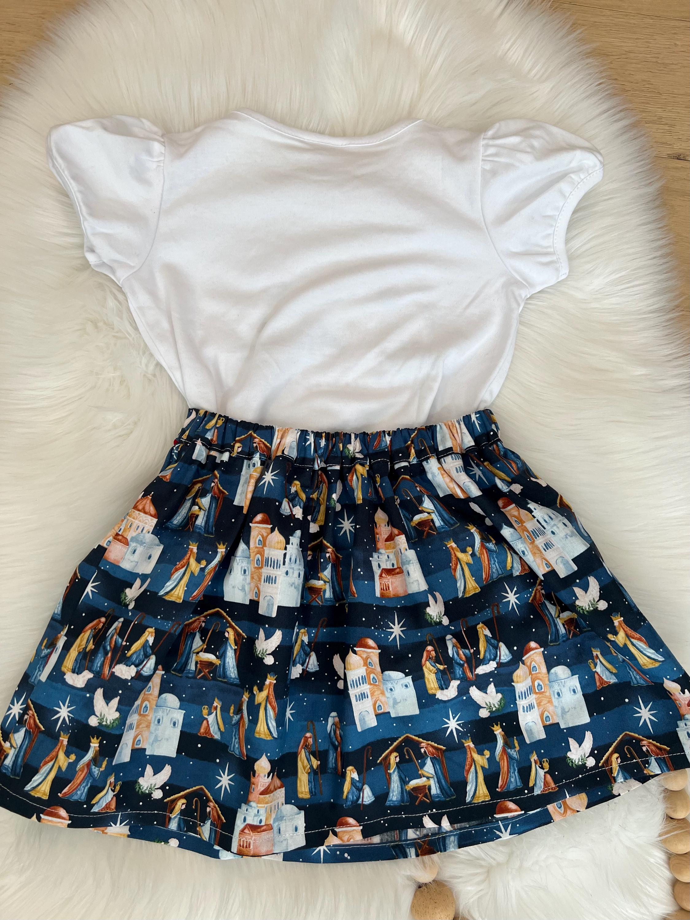 Nativity Theme Outfit, Nativity Print Skirt With Embroidered Top ...