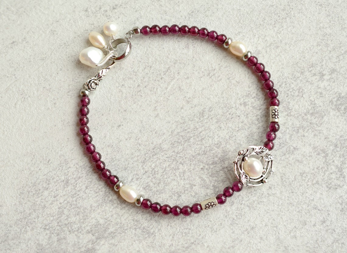 Natural Garnet Bracelet | Oxidized Bali Sterling Silver | Dainty Garnet ...