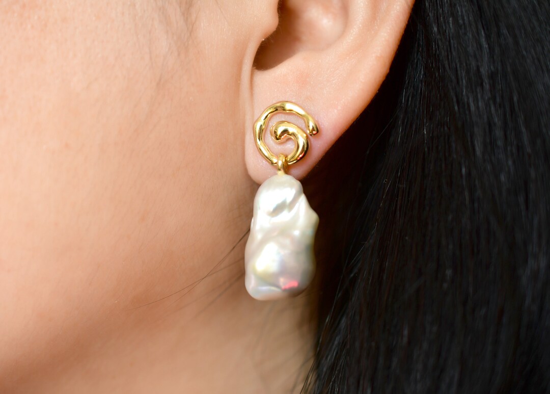Genuine 14×24mm Big Freshwater Baroque Pearl Earrings | Solid 925 Sterling Silver Spiral Stud ...