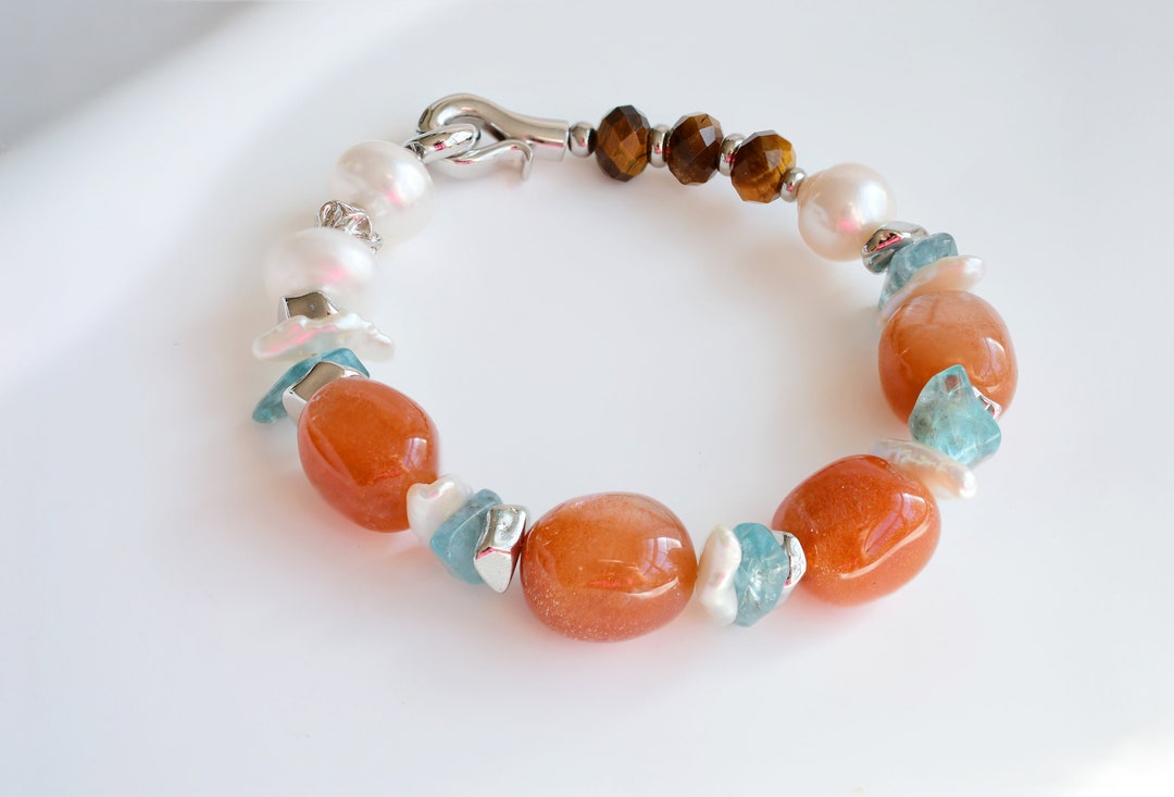 Genuine 15mm Big Sunstone Bracelet | Natural Crystal, Blue Apatite ...