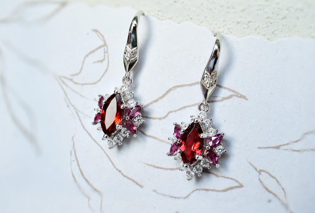 Genuine Extra Fine Marquise Cut Garnet Dangle Earrings in 925 Sterling ...