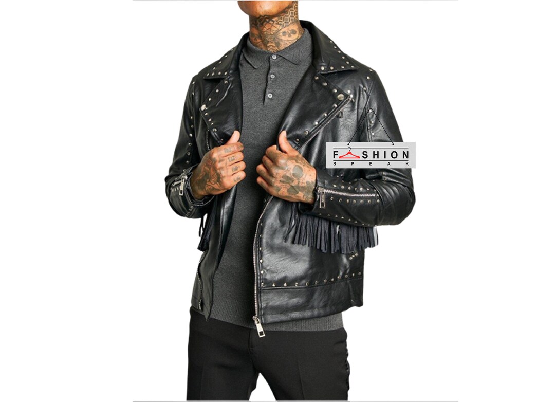 Mens Real Leather Studded Fringe Jacket, Western Fringed Jacket ...