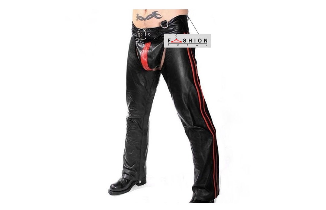 Mens Genuine Leather Chaps Trendy Black and Red Chaps Punk Patch Chaps ...
