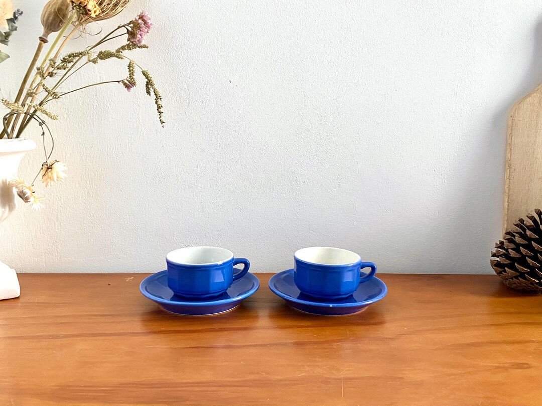 2 X Apilco Flora Blue Espresso Coffee Cups With Saucers, Vintage French ...