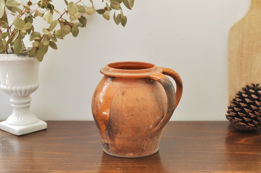 French Vintage Rustic Jug With Two Handles, Terracotta Pottery Crock ...