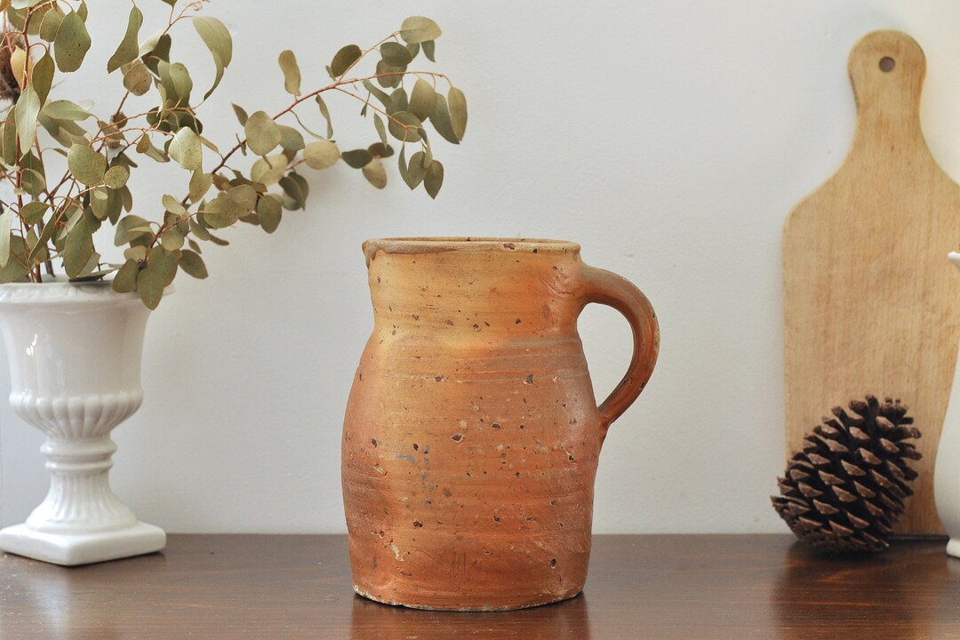 8 Tall French Antique Rustic Jug, Orange Brown Stoneware Pottery Crock, Terracotta Farmhouse ...