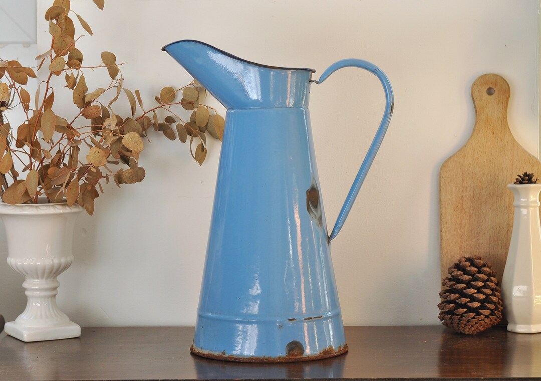 15” Tall Vintage French Blue Enamel Pitcher, Chippy Enamel Jug Vase ...