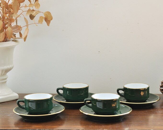 Apilco Flora Dark Green Espresso Coffee Cups With Saucers, Vintage ...