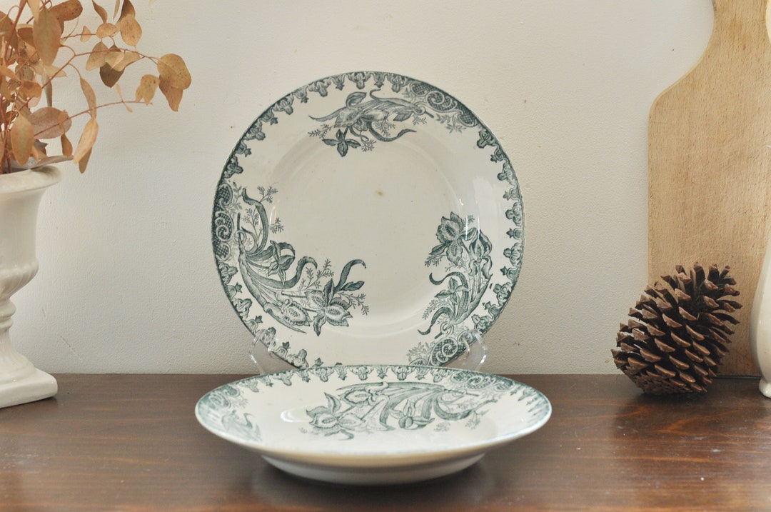 Set of 2 French Antique Green Transferware - 9 1/2” / 23.5 Cm Hollow ...