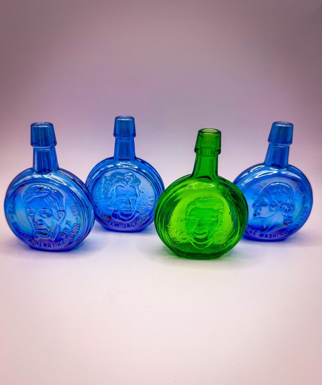 Vintage Wheaton Iridescent and Green Miniature Glass President Bottles ...