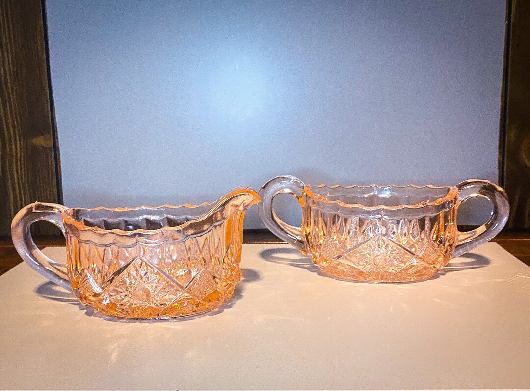 Vintage EAPG Pink Cut Glass Geometric Pattern Cream and Sugar - Etsy