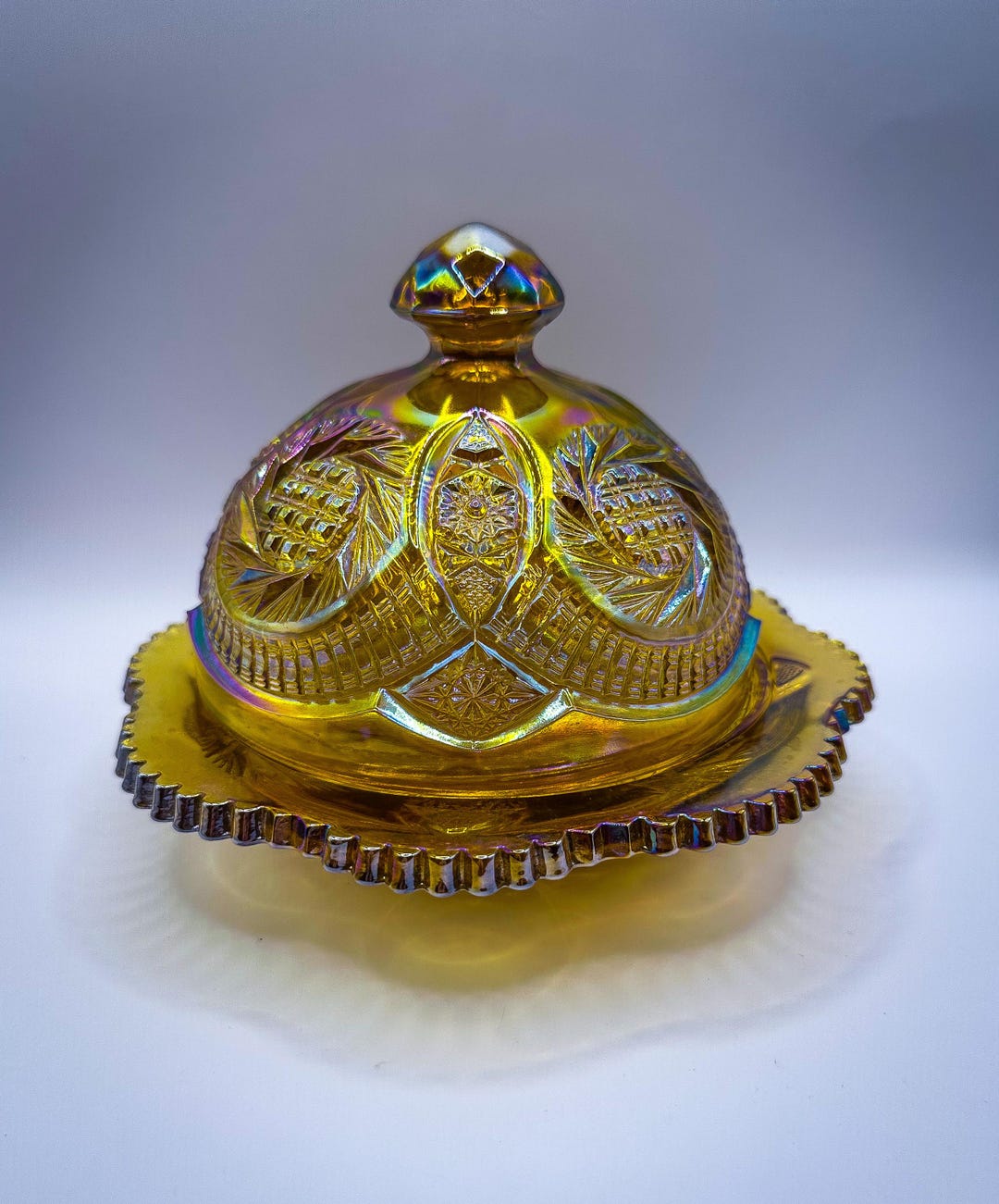 Vintage Marigold Carnival Glass Pinwheel and Starburst Hobstar Round ...