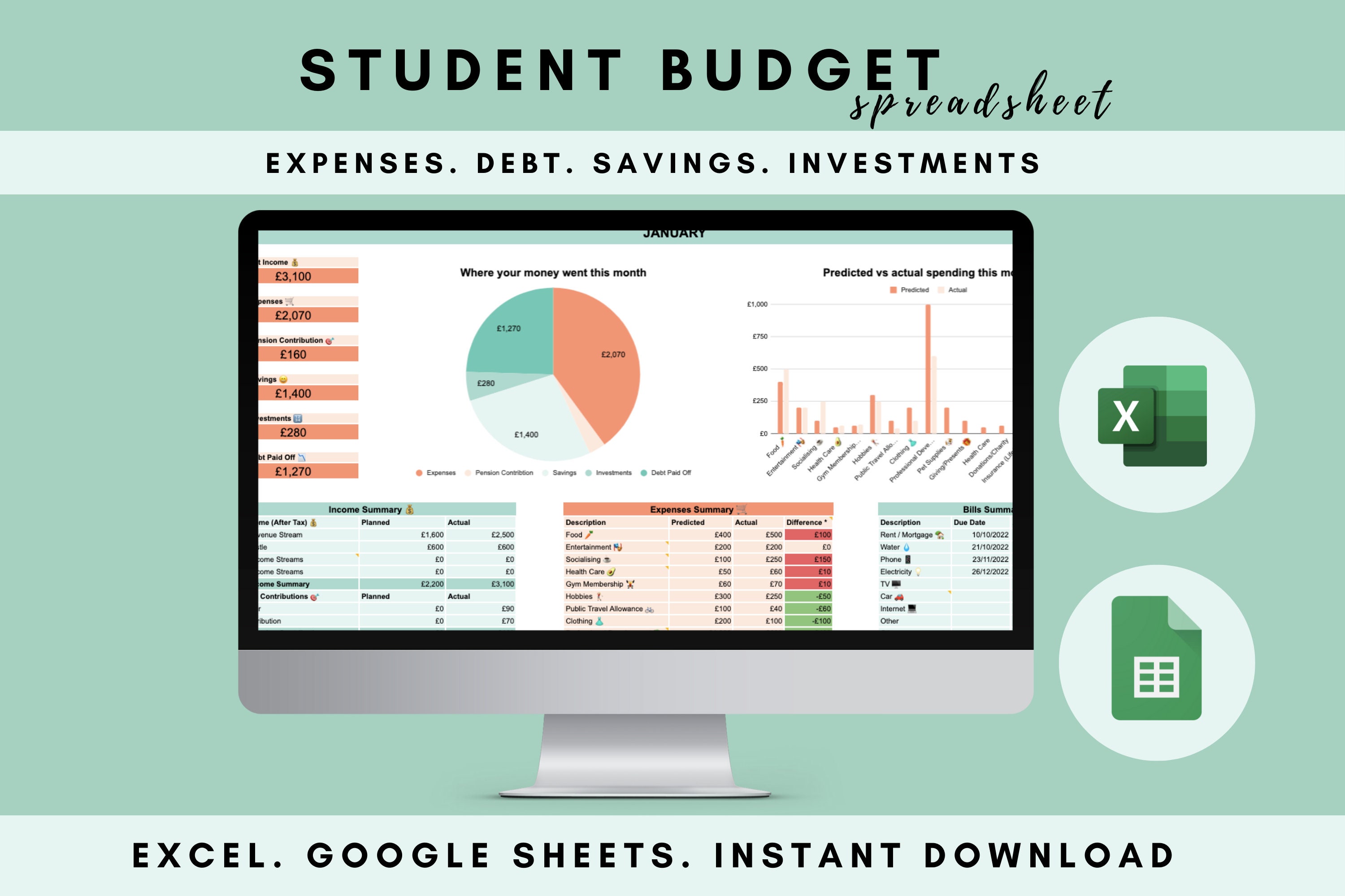 Student Monthly Budget Spreadsheet Google Sheets Excel Budget Tracker ...