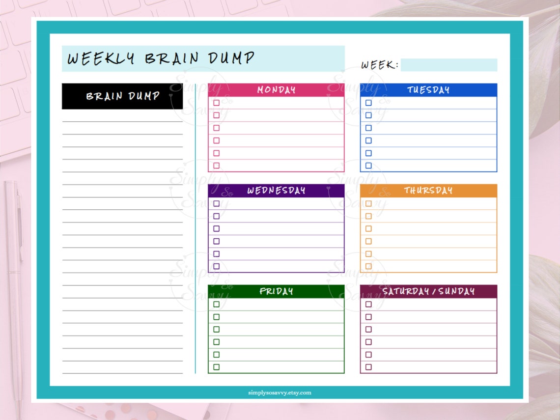 Printable Weekly Brain Dump Template Colorful Worksheet PDF | Etsy India