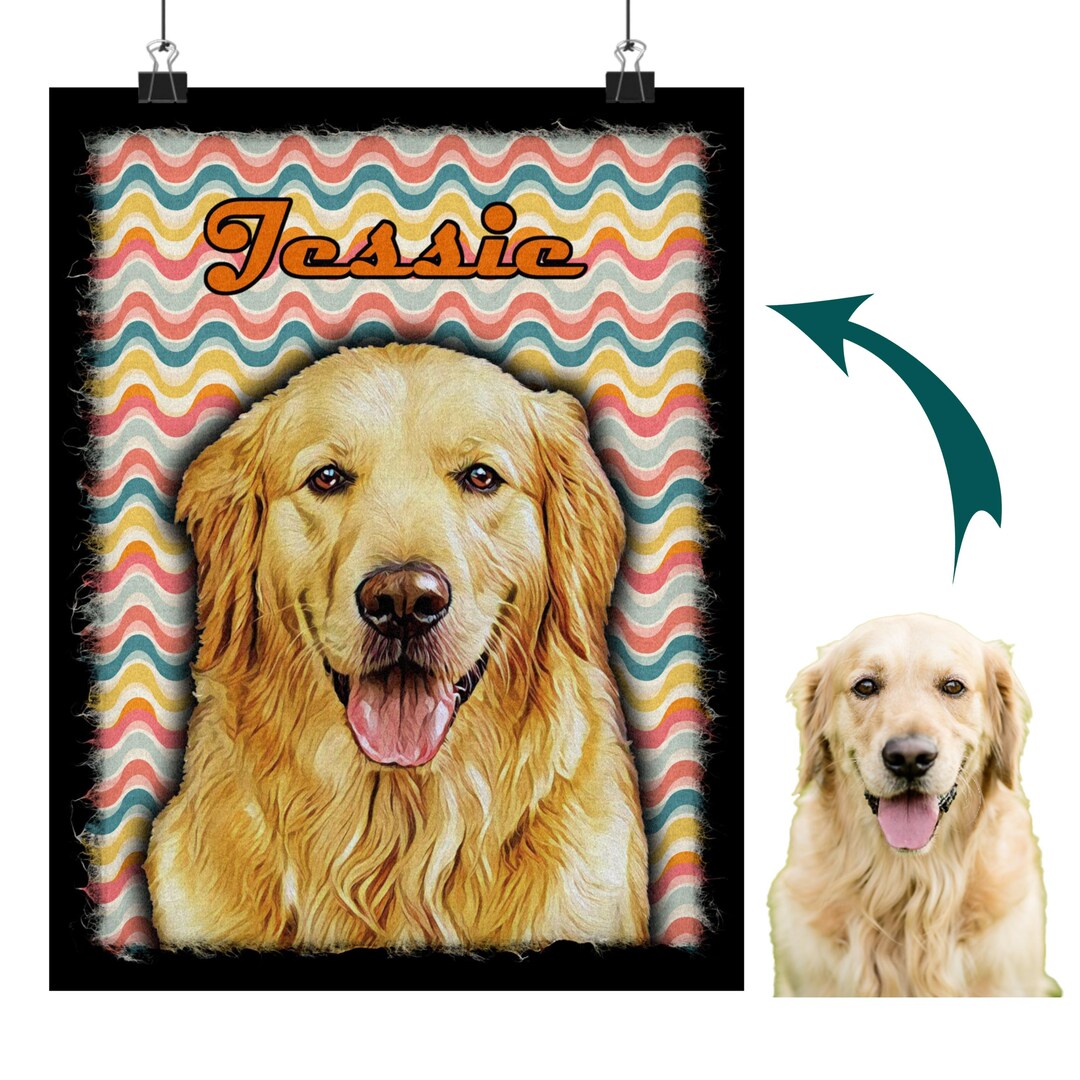 Custom Pet Portrait Poster, Digital Pet Portrait on Retro Fabric ...