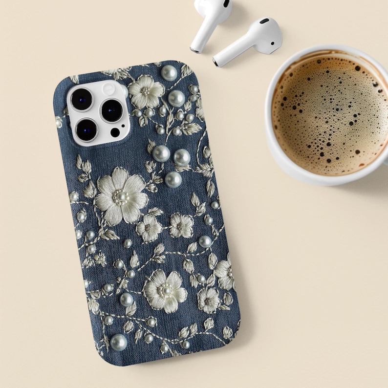 Embroidered Pearl on Denim Fabric Design Phone Case. A Touch of Luxury ...