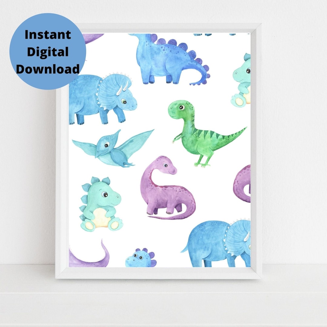 Blue Dinosaurs Instant Digital Download, Dino Printable Wall Art, Baby ...