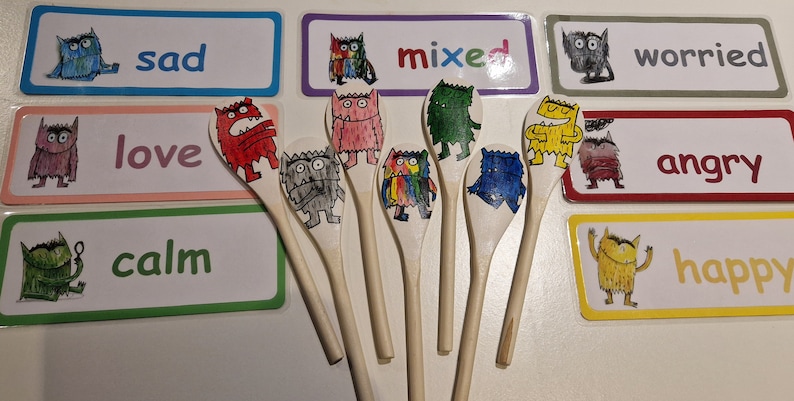 The Colour Monster Story Telling Spoons. Spoon Set or Word Cards. Word ...