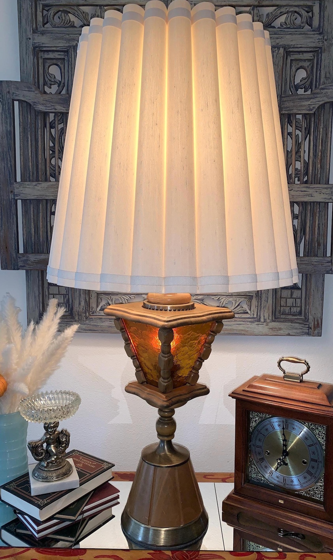 Vintage Mid-century Amber Glass Panel Table Lamp - Hollywood Regency - Etsy