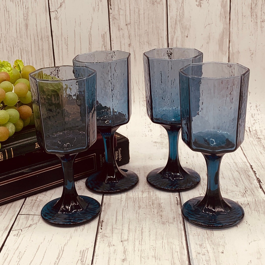 Vintage Libby Dusky Cobalt Blue Facets Octagon Water/wine Goblets Set ...