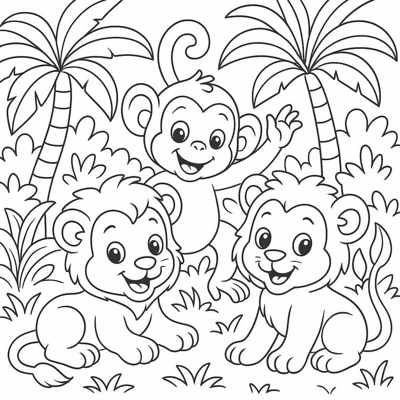 Jungle Animals Coloring Page - Printable Safari Art for Kids - Monkey ...