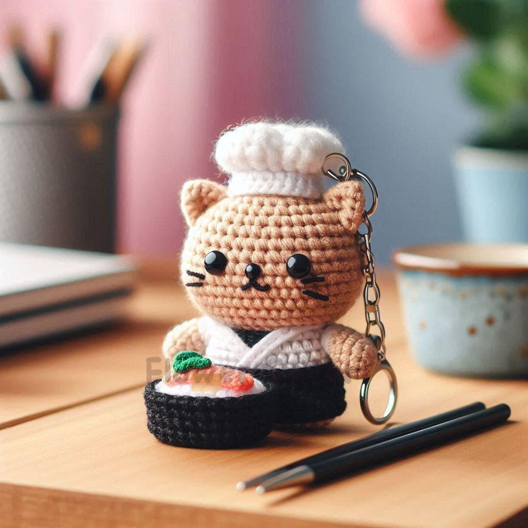 Cat Keychain Crochet PDF Pattern, Funny Sushi Chef Cat Beginners Mini ...