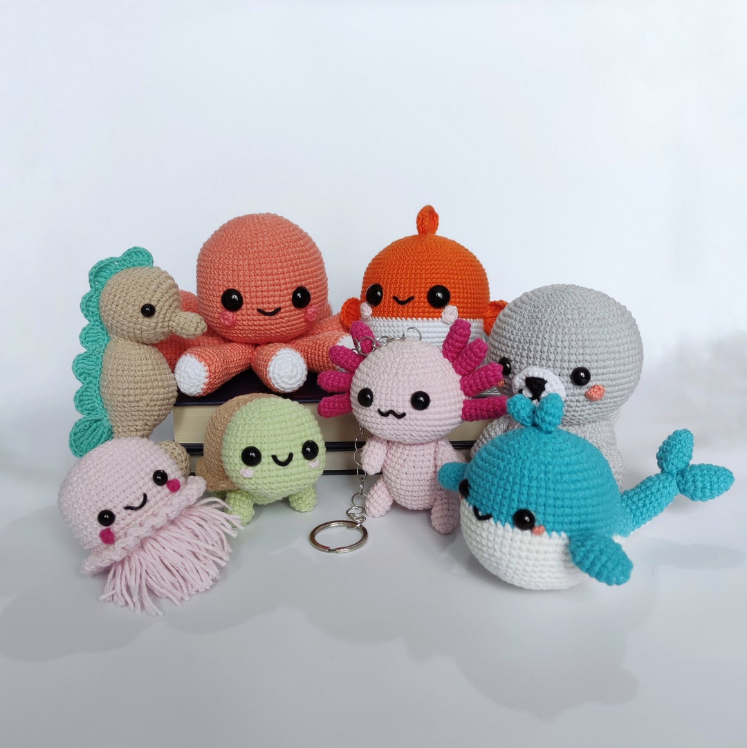 Sea Animals Crochet Pattern Set, Amigurumi Axolotl, Turtle, Seahorse ...